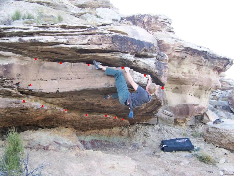 Red dots follow the lower flake left and up to the upper ledge where ...
