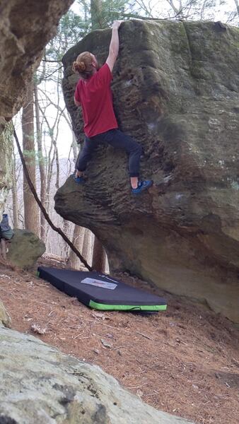 Top out is pretty chossy, downclimb is tricky